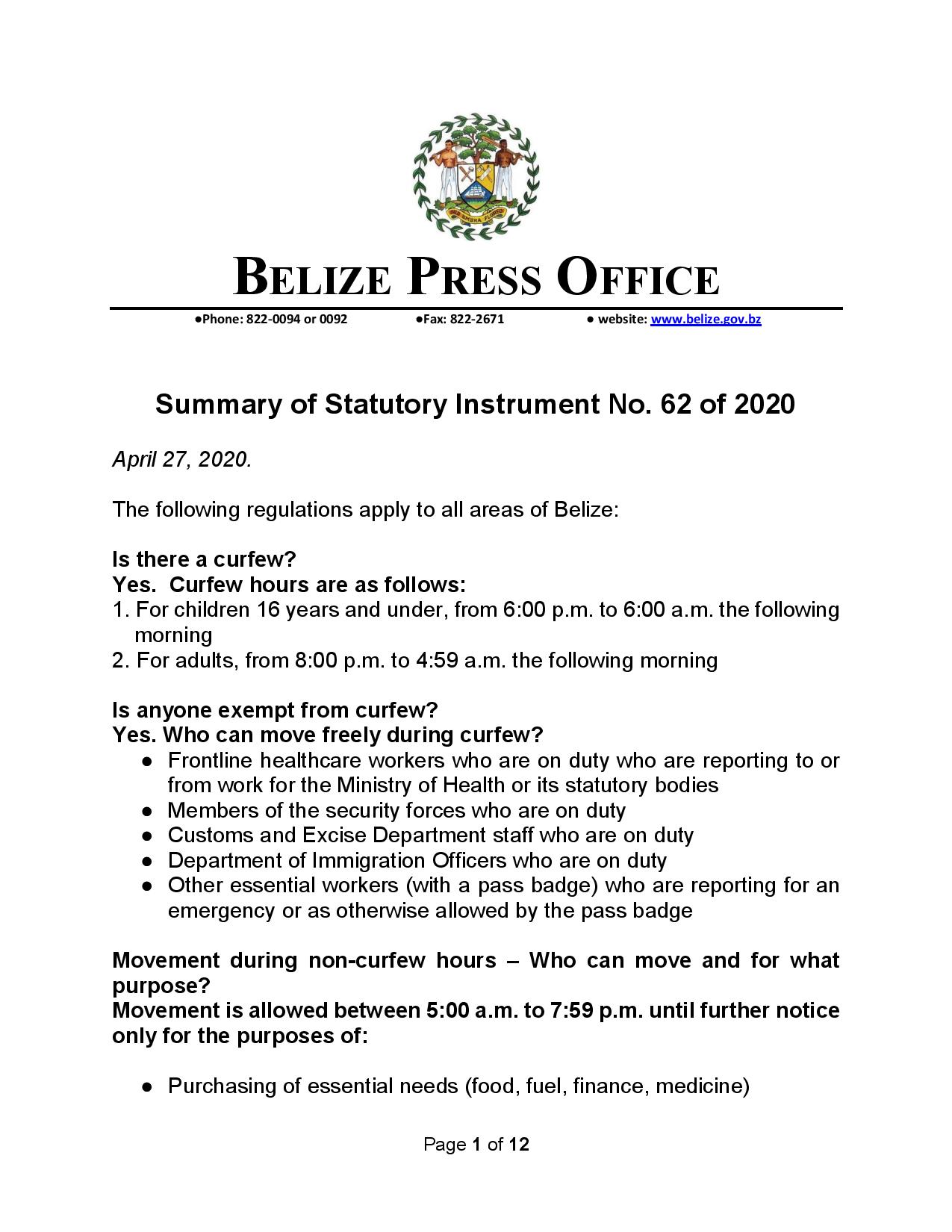 Summary of Statutory Instrument No. 62 of 2020 - MyBelize.Net